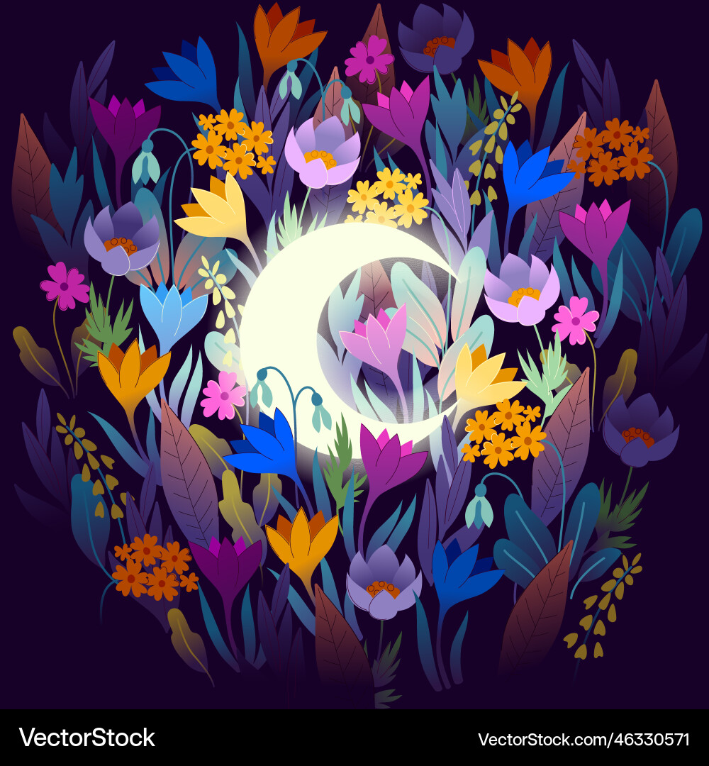 Card with spring flowers and glowing moon Vector Image