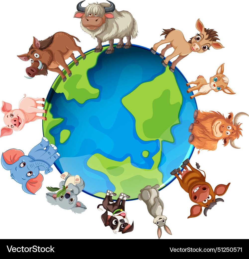 Cartoon animals on a globe representing diversity Vector Image