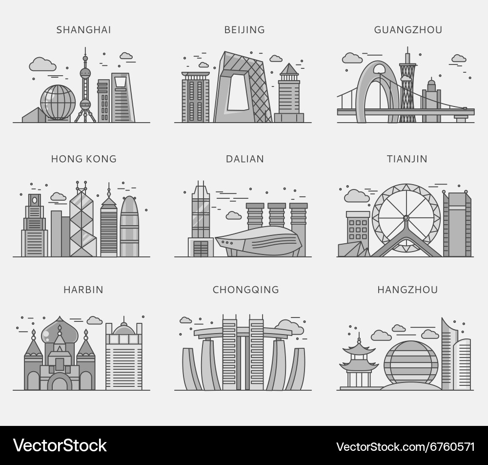 Icons chinese major cities flat style Royalty Free Vector