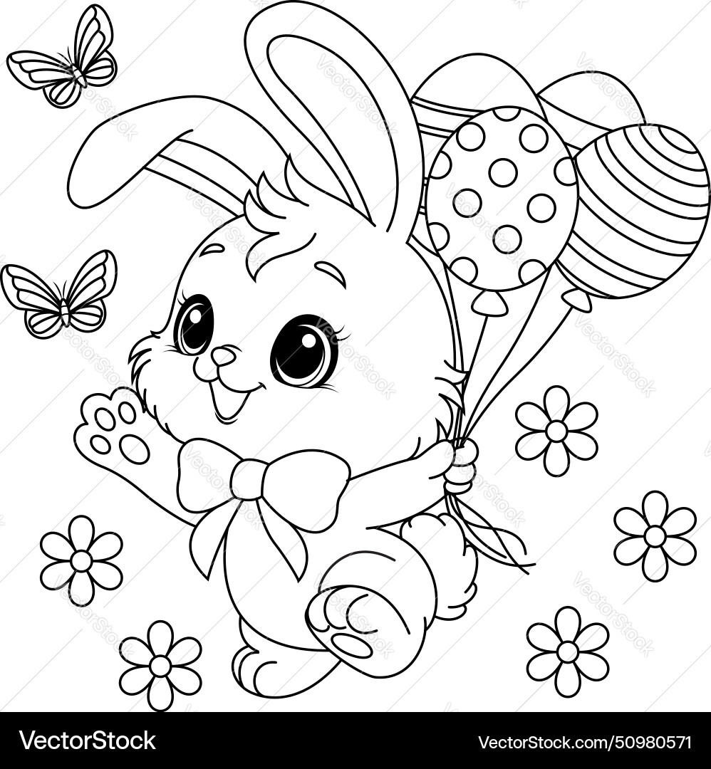 Kawaii easter bunny with balloons coloring page Vector Image