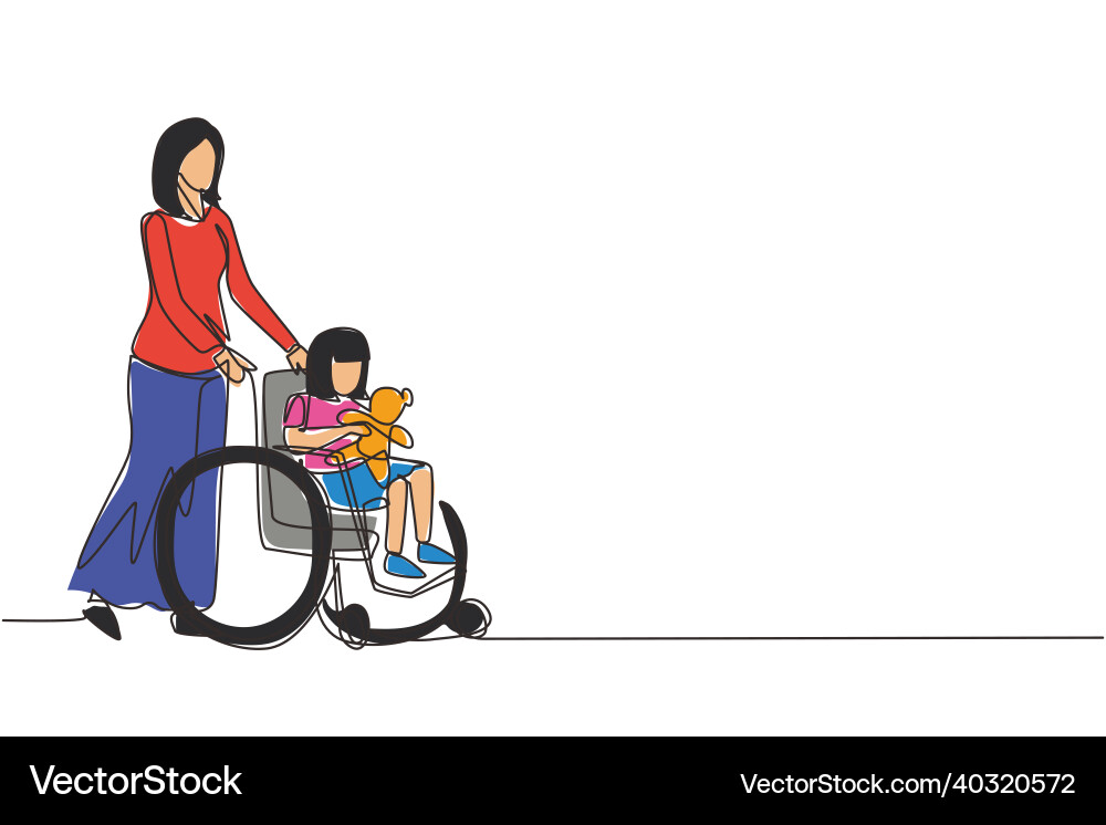 Continuous one line drawing mother with disabled Vector Image