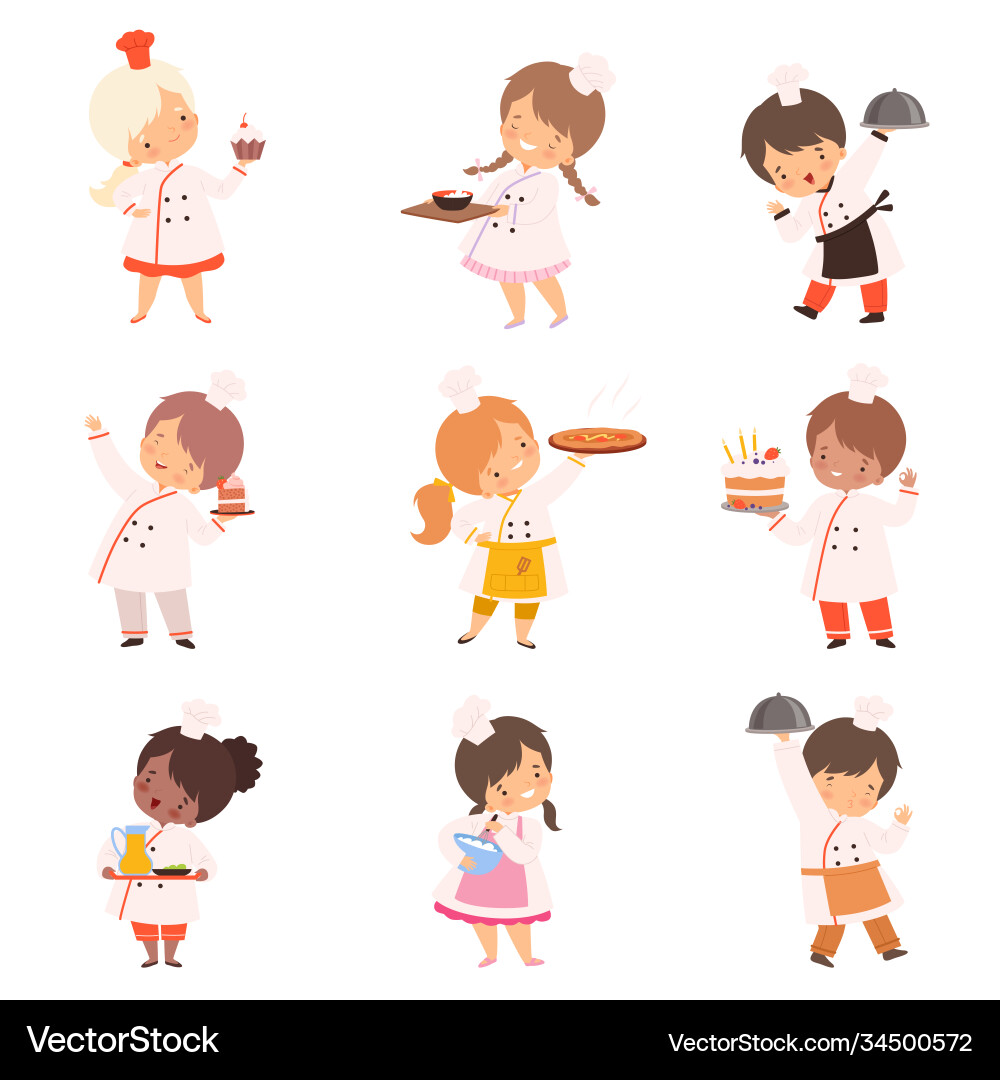 Cute little chefs characters in uniform cooking Vector Image