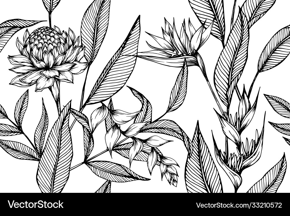 Hawaiian flower tropical leaves pattern seamless Vector Image