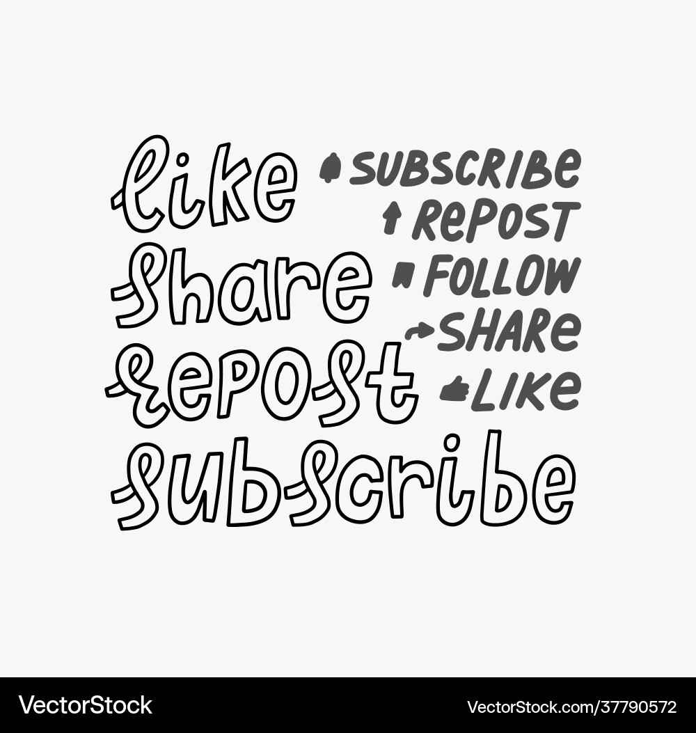 Like share repost subscribe follow doodle hand Vector Image