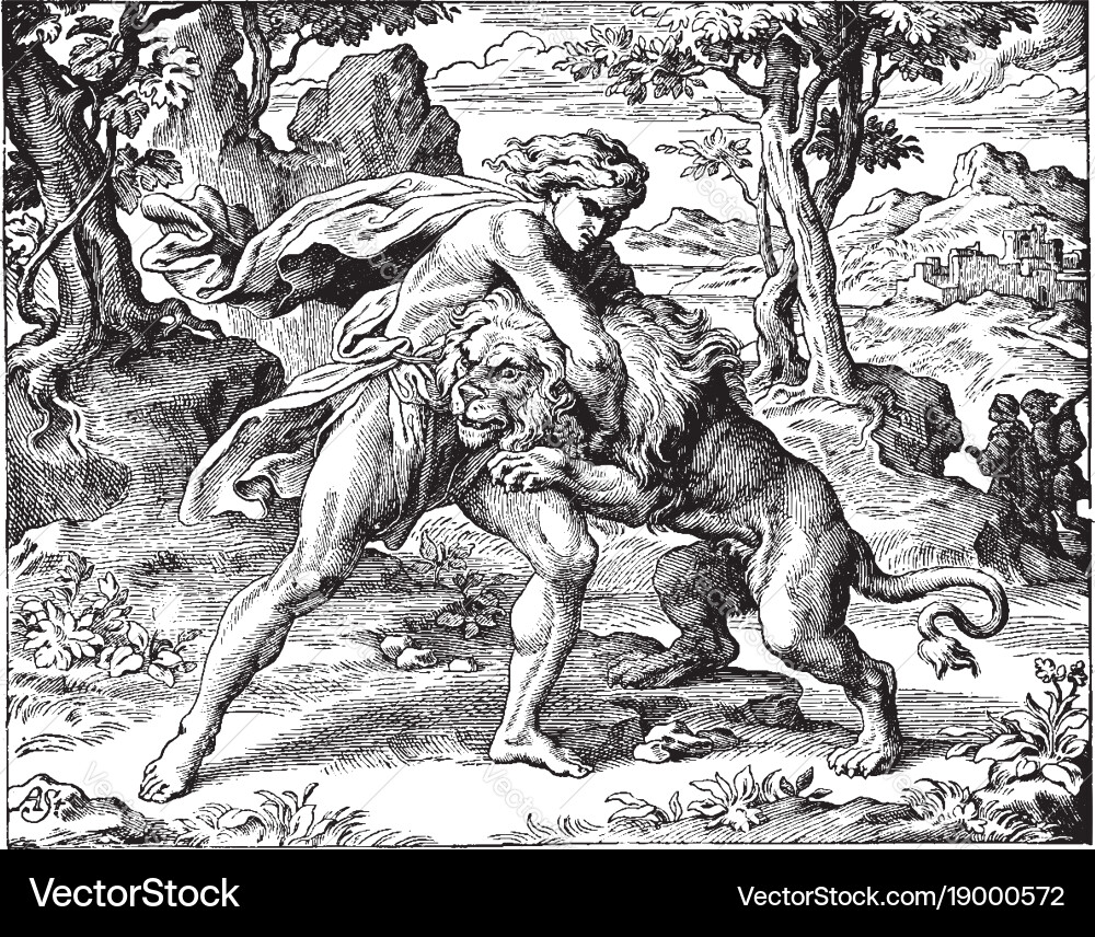 Samson slaying the lion vintage Royalty Free Vector Image
