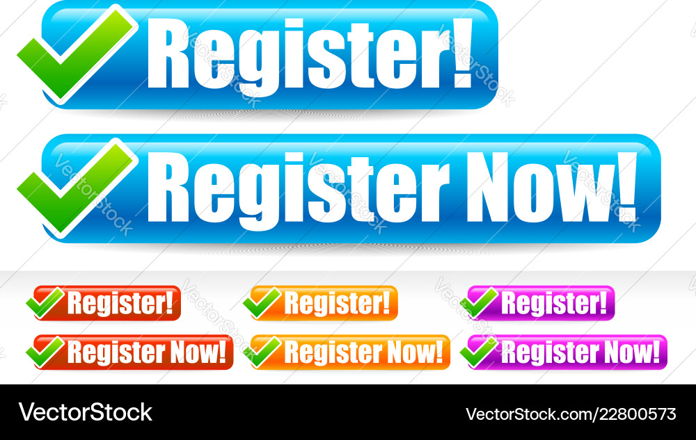 Register and now buttons with checkmark Royalty Free Vector