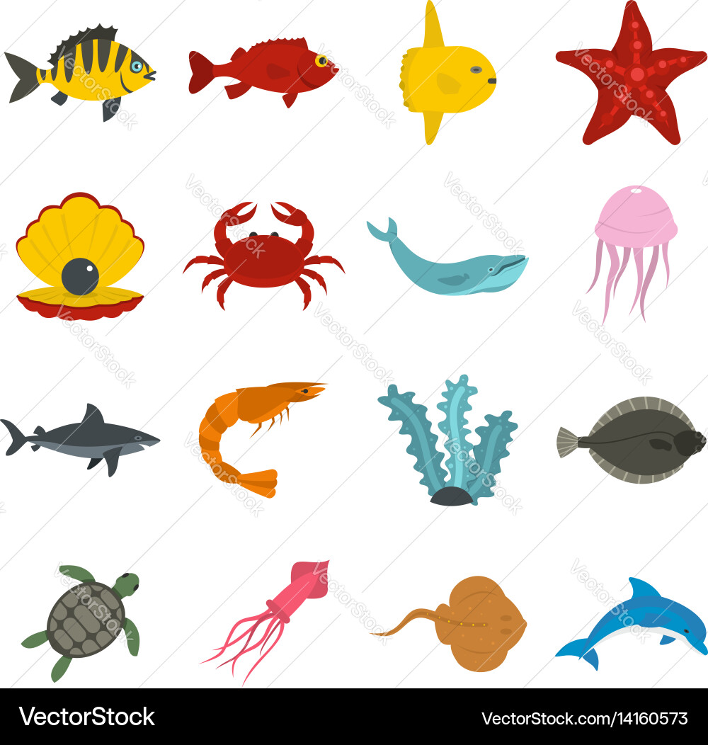 Sea animals icons set in flat style Royalty Free Vector