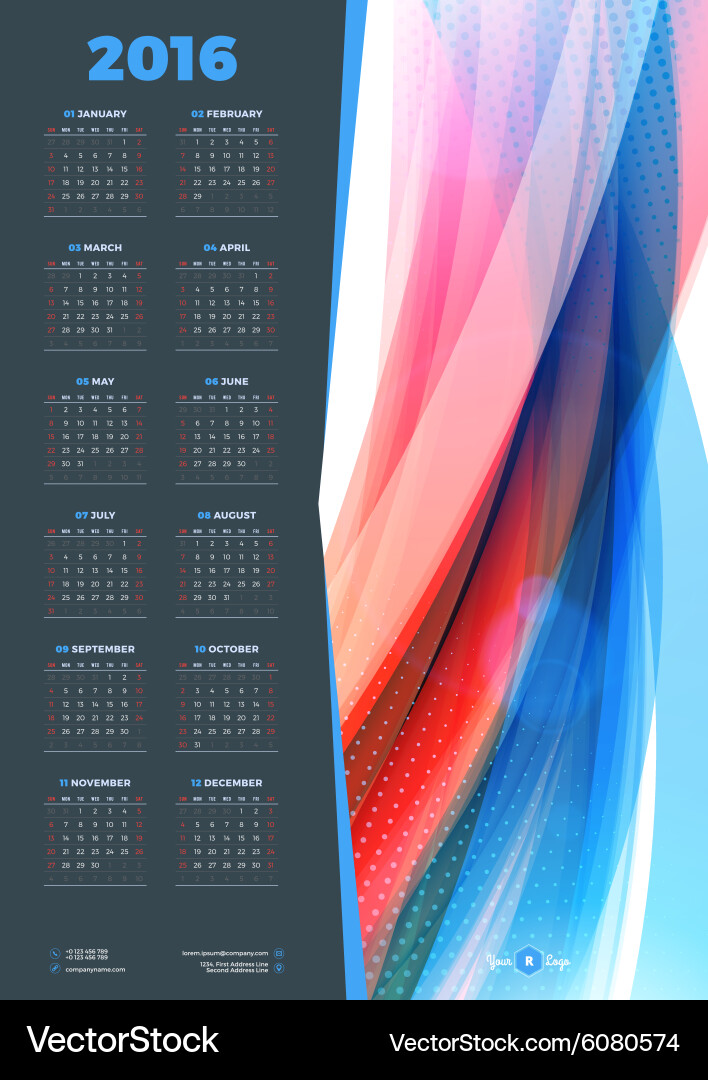 Calendar 2016 design template week starts sunday Vector Image