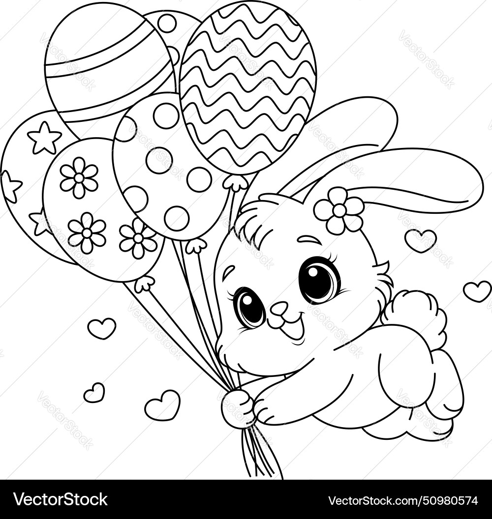 Easter bunny flies with balloons coloring page Vector Image