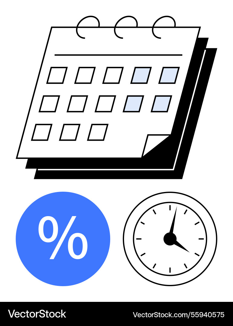 Calendar with percentage sign and clock Royalty Free Vector