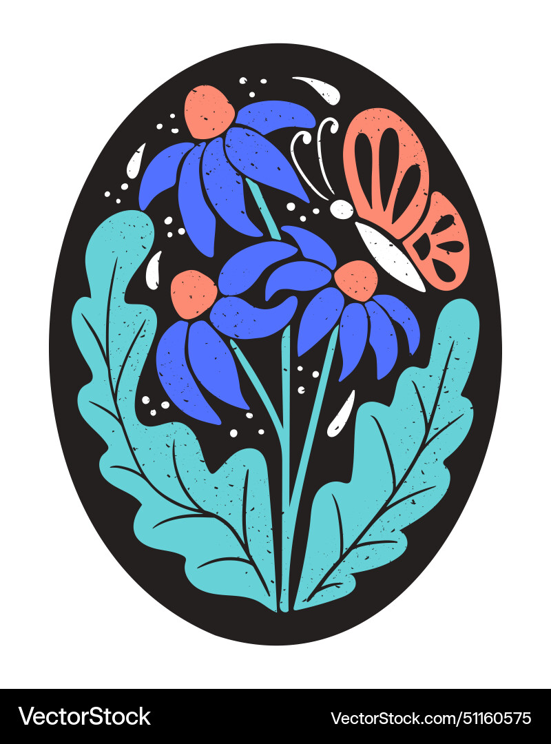 Retro abstract floral composition in ellipse shape