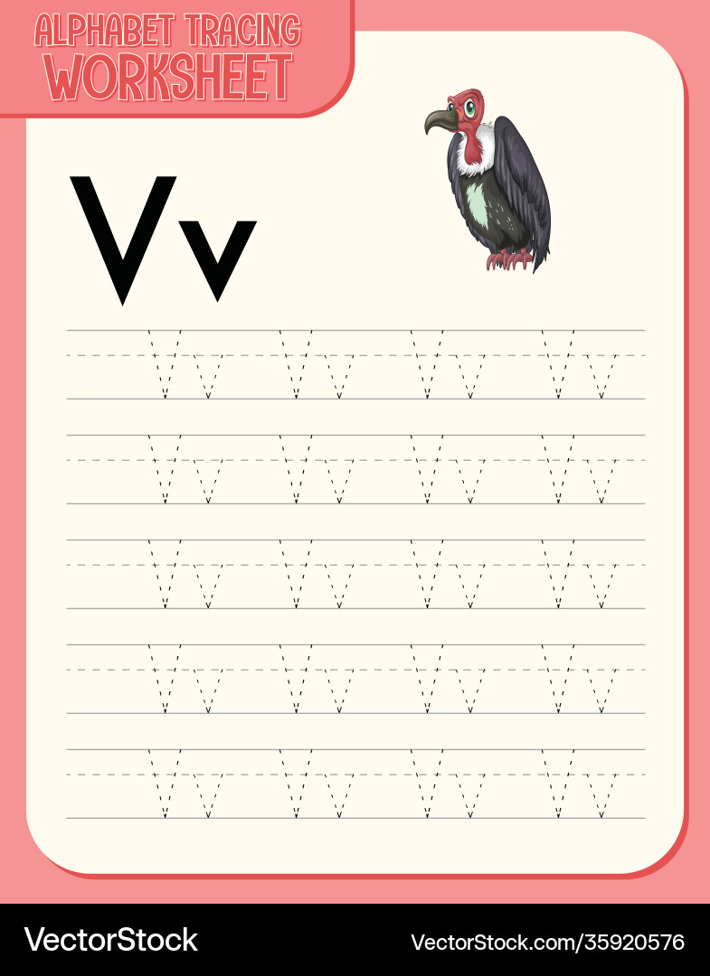 Alphabet tracing worksheet with letter v Vector Image