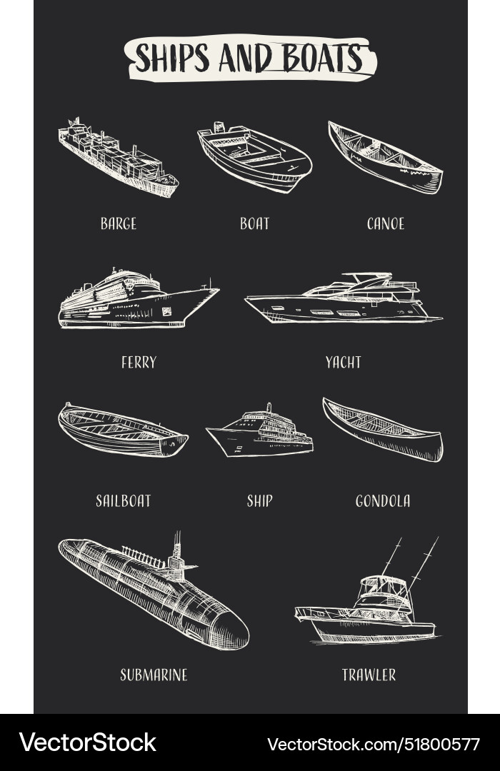 Hand drawn set of different types boats Royalty Free Vector