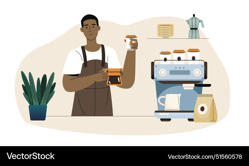 Barista with equipment coffee maker job at work Vector Image