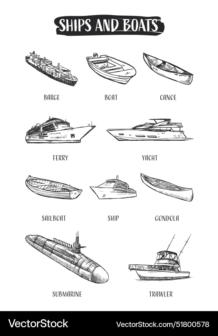 Hand drawn set of different types boats Royalty Free Vector