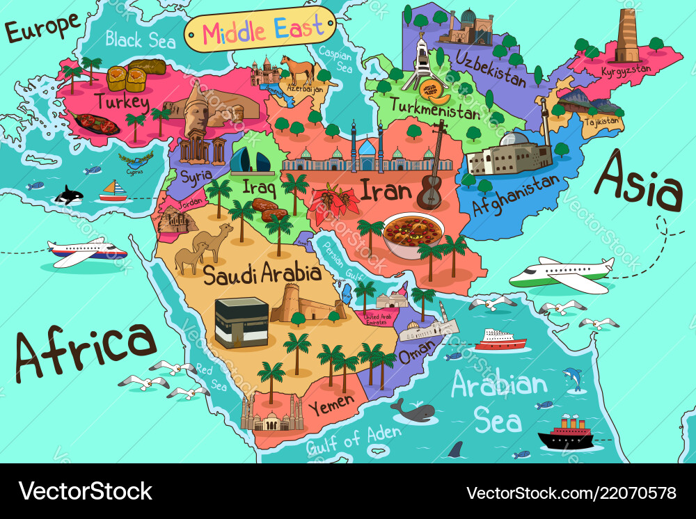 Middle east countries map in cartoon style Vector Image