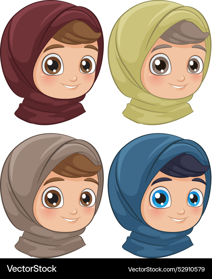 Four smiling characters wearing colorful hijabs Vector Image