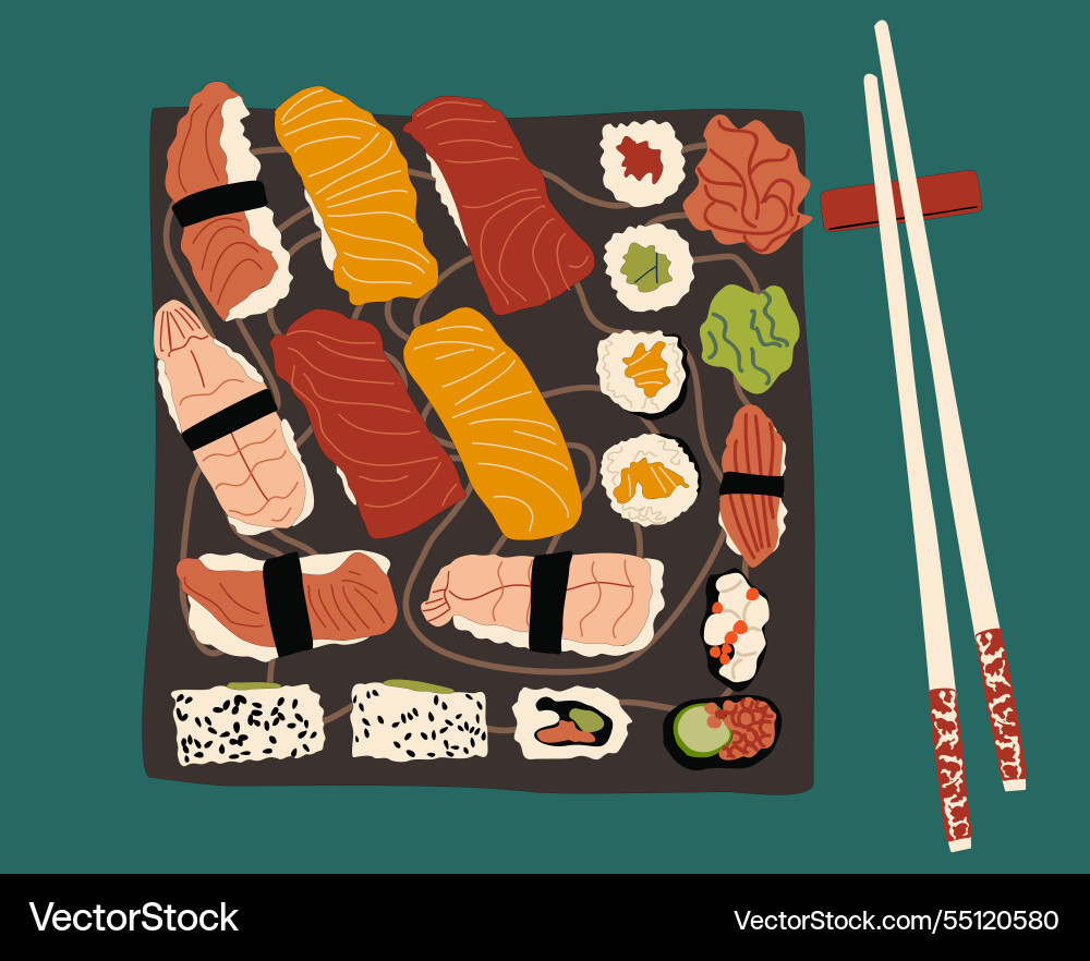 Japanese sushi set serving plate top view Vector Image