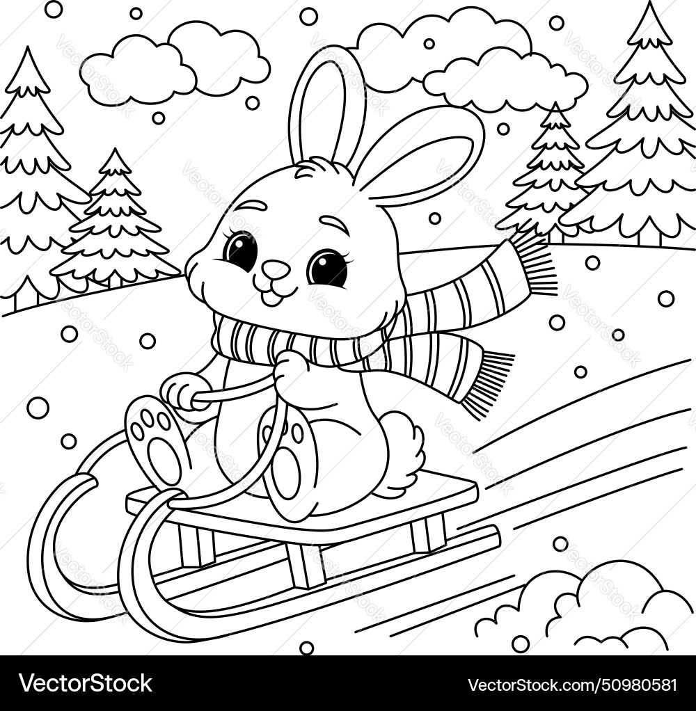 Cute rabbit sledding coloring page winter colouri Vector Image