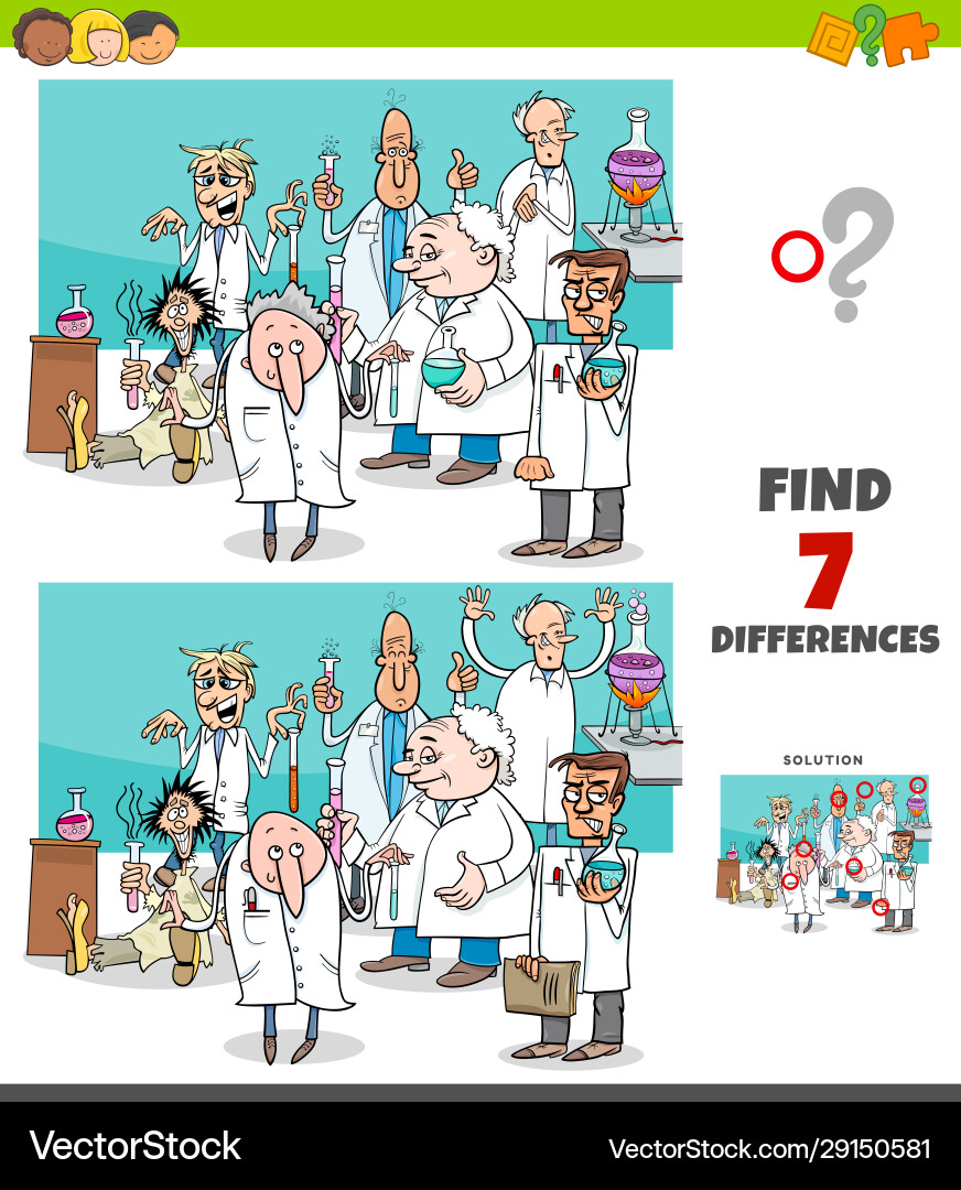 Differences game with cartoon scientists group Vector Image