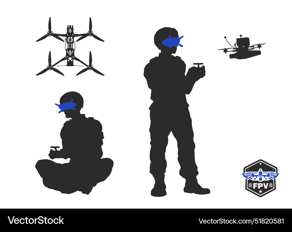 Soldier controls a fpv drone black silhouette Vector Image