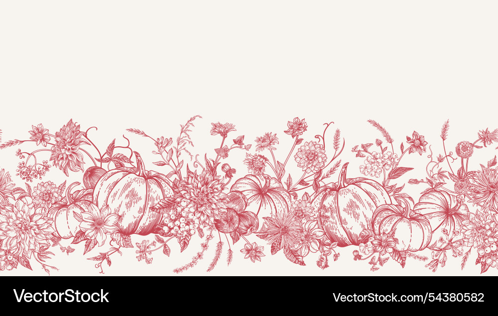Horizontal border with flowers and pumpkins Vector Image