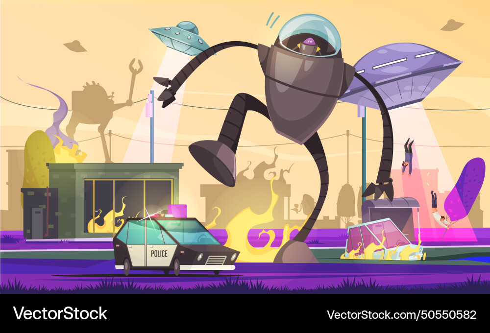 Walking alien apocalypse composition Royalty Free Vector