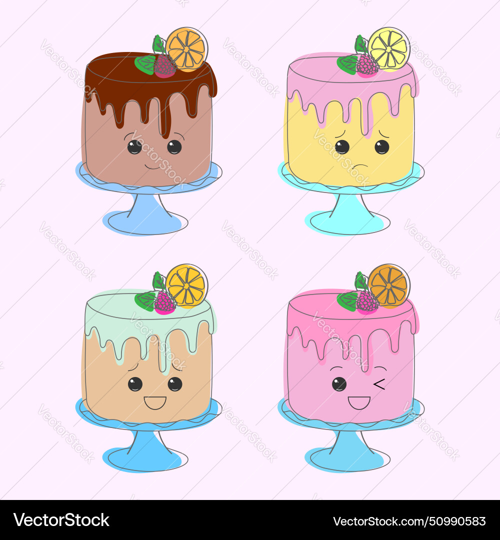 Assorted cakes with various toppings Royalty Free Vector