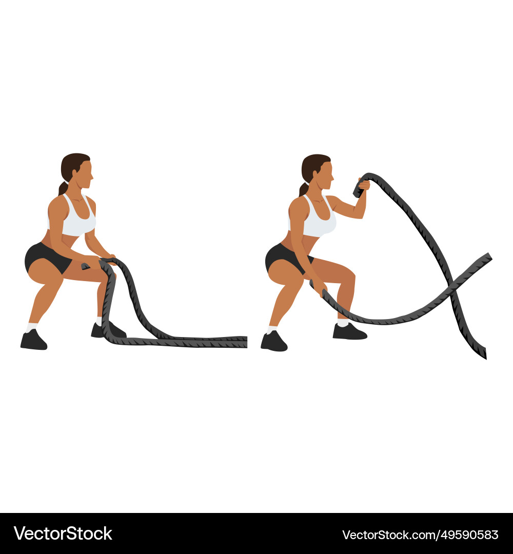 Woman doing battle rope squatting alternating Vector Image