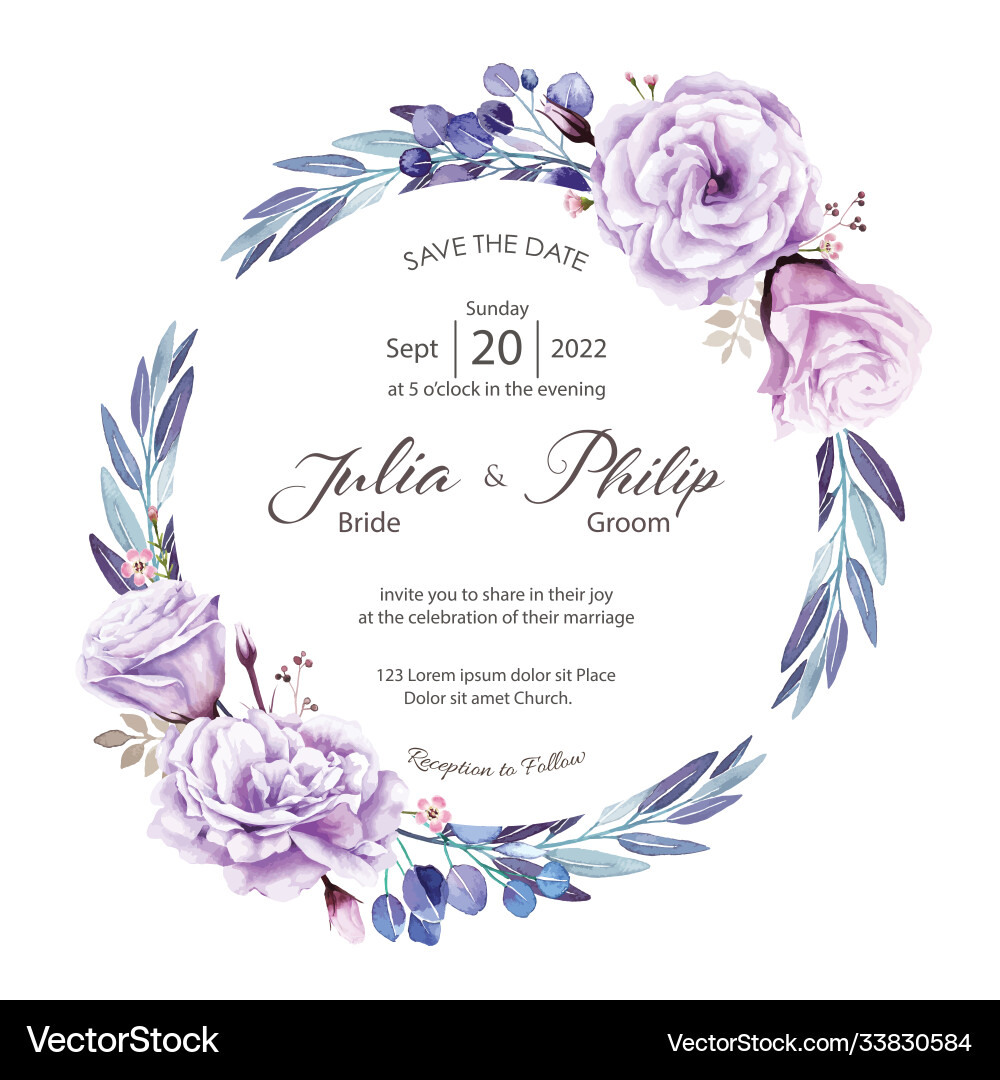 Purple Rose Wedding Invitation Royalty Free Vector Image