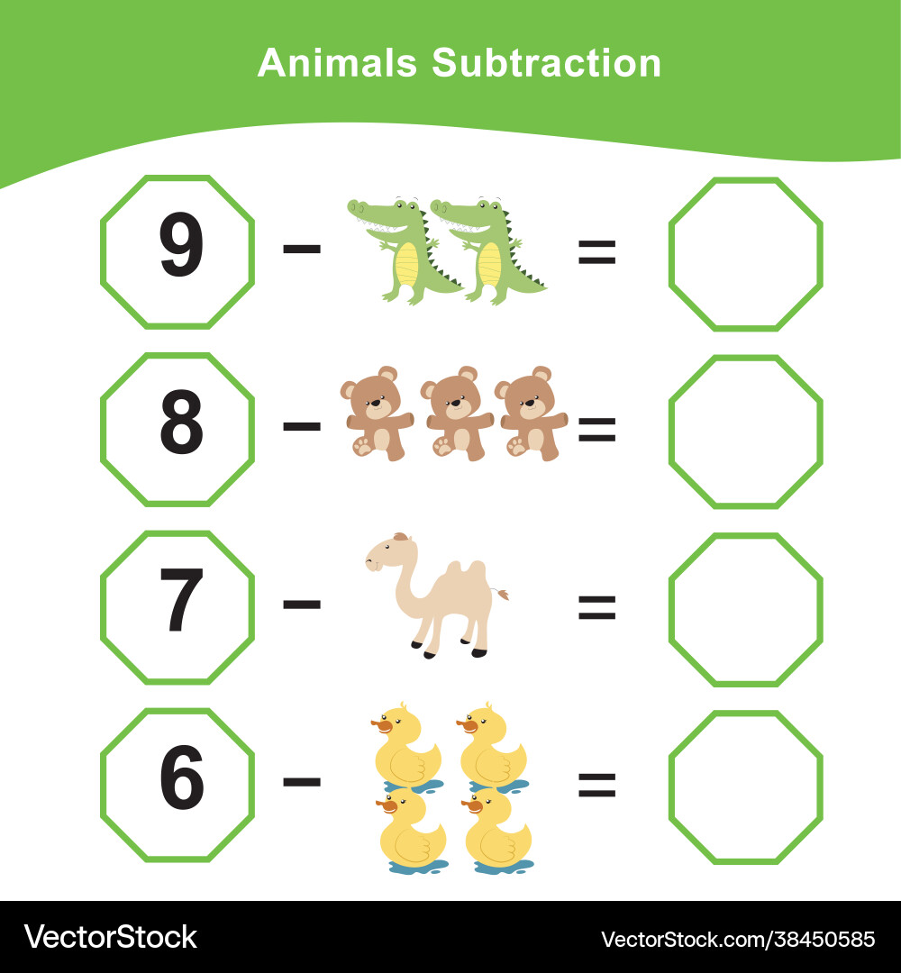 Animals subtraction worksheet for preschool Vector Image