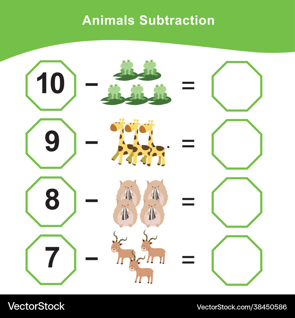 Animals subtraction worksheet for preschool Vector Image