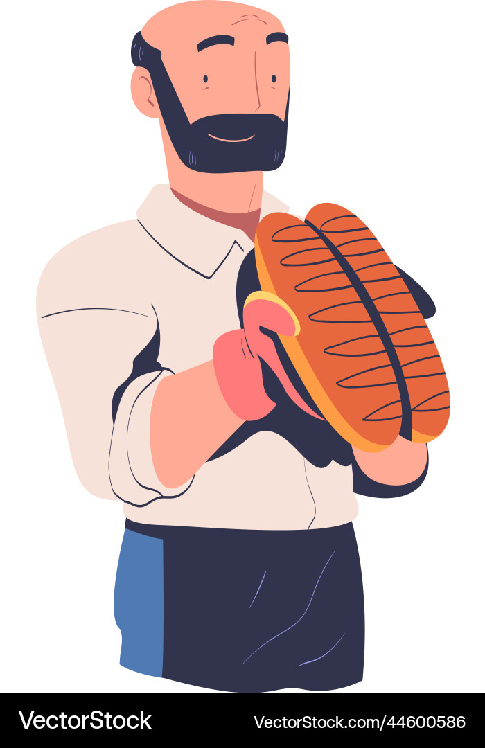 Bearded man baker holding freshly baked bread Vector Image