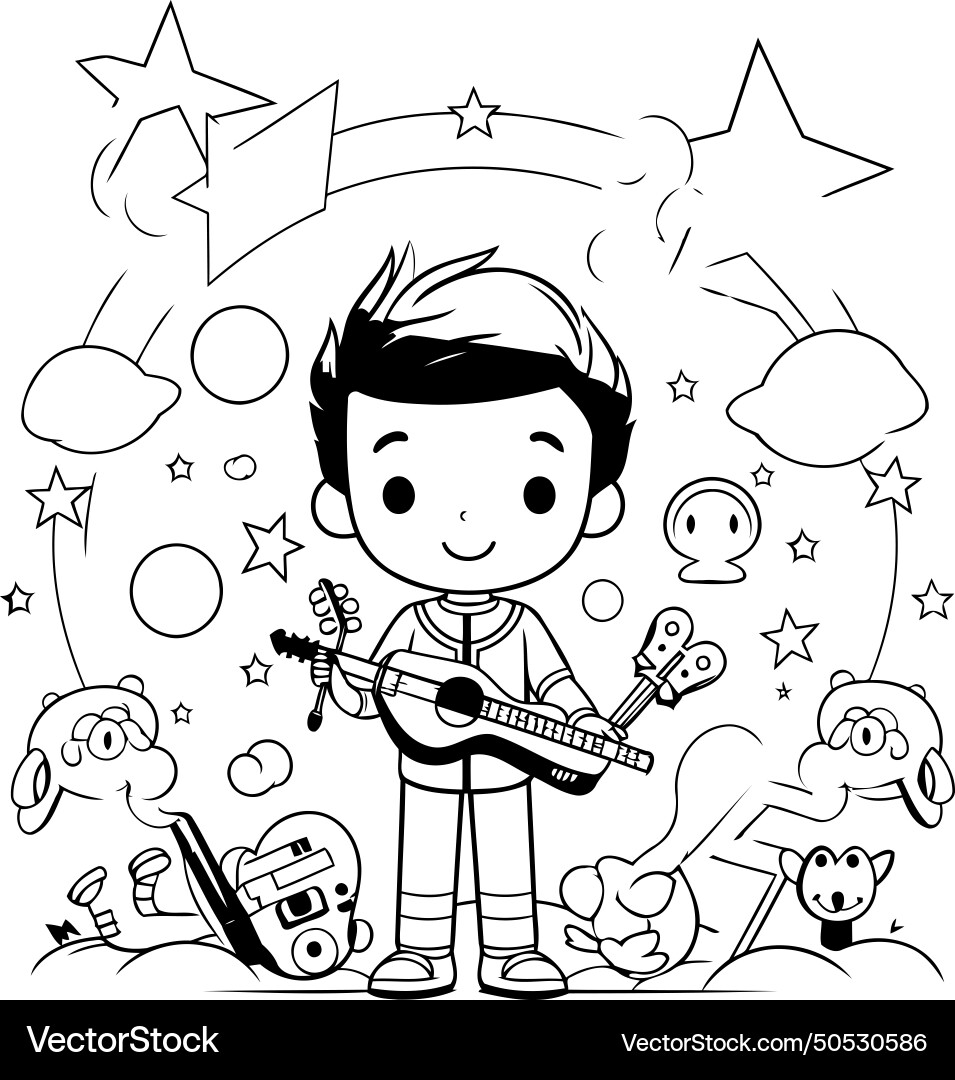 Boy playing guitar and singing black white Vector Image