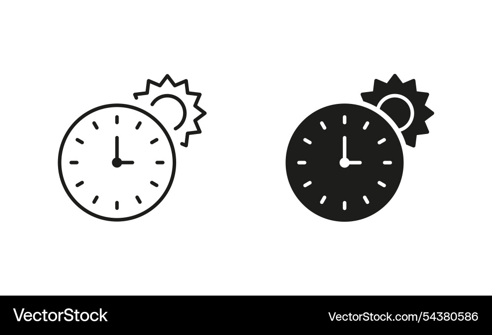 Clock and sun line silhouette icon set summer Vector Image