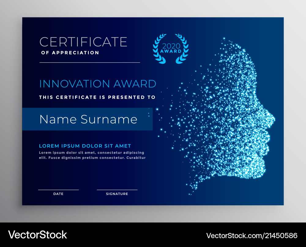 Innovation award certificate design with particle Vector Image