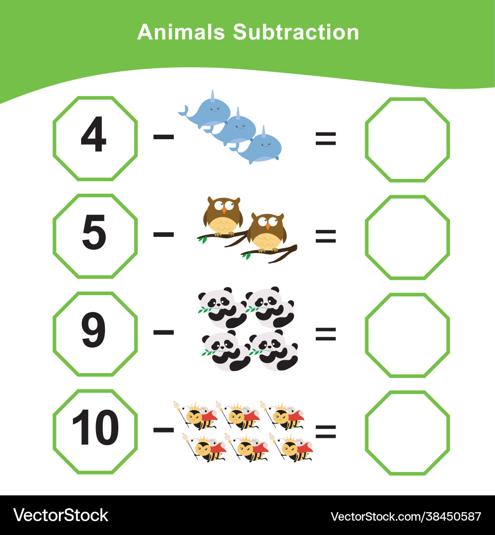 Animals subtraction worksheet for preschool Vector Image