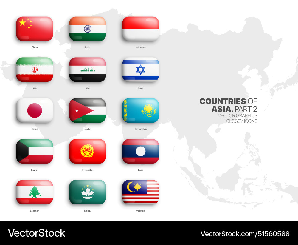 All asian countries flags 3d rounded glossy icons Vector Image