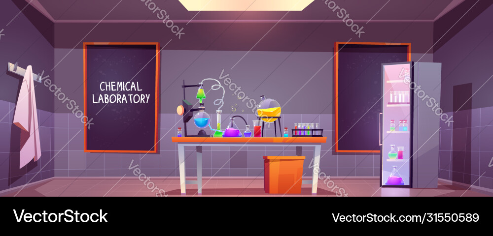 Chemical laboratory interior with glass flasks Vector Image
