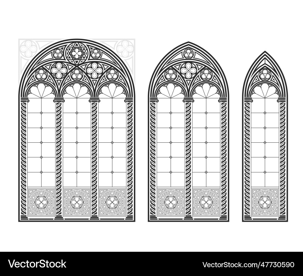 Medieval gothic stained glass cathedral window set