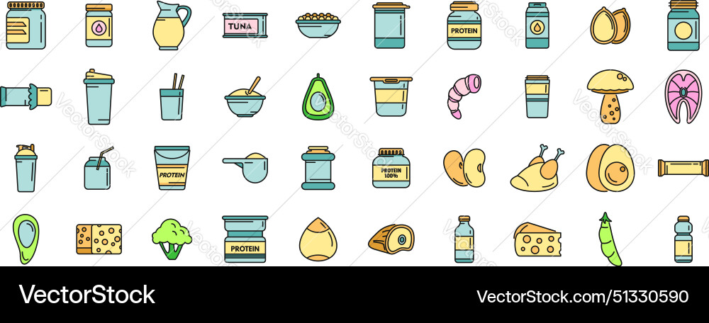 Protein nutrient icons set color line Royalty Free Vector