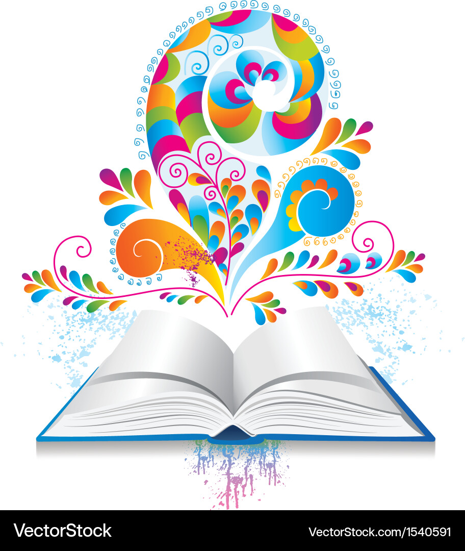 Open book with color splash and curl Royalty Free Vector