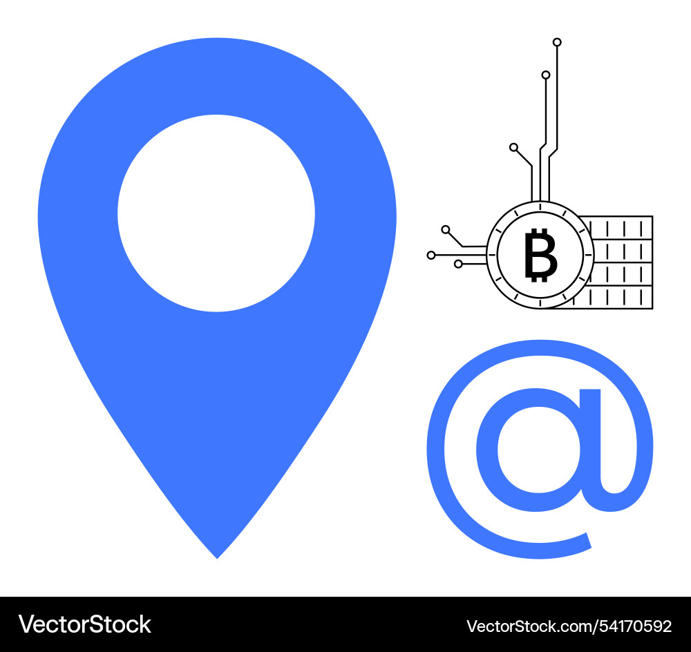 Blue location pin bitcoin circuit and email Vector Image