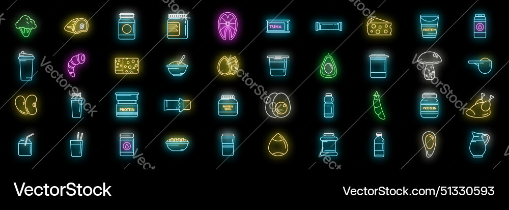 Protein nutrient icons set neon Royalty Free Vector Image