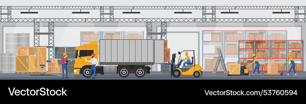 Factory warehouse interior with inventory workers Vector Image