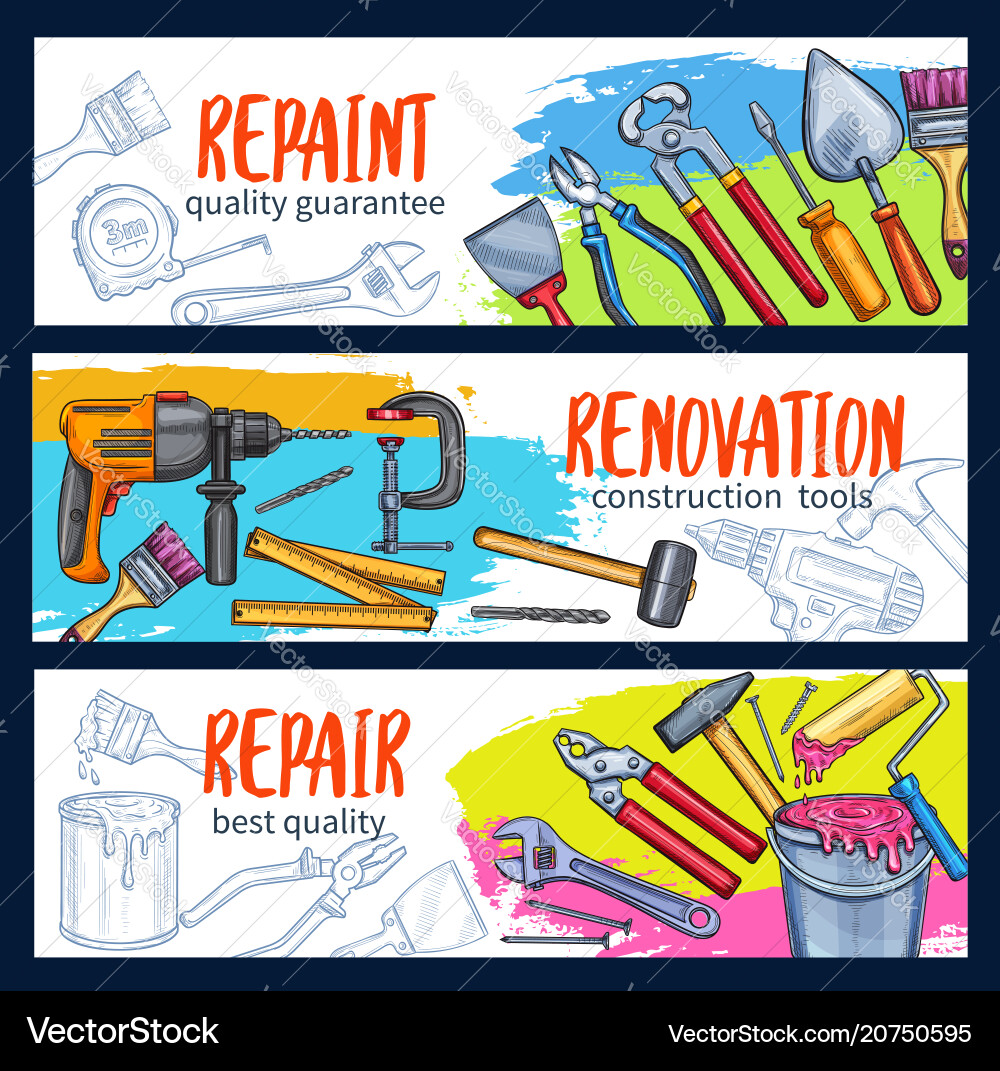 Repair work banner with construction tool sketch Vector Image