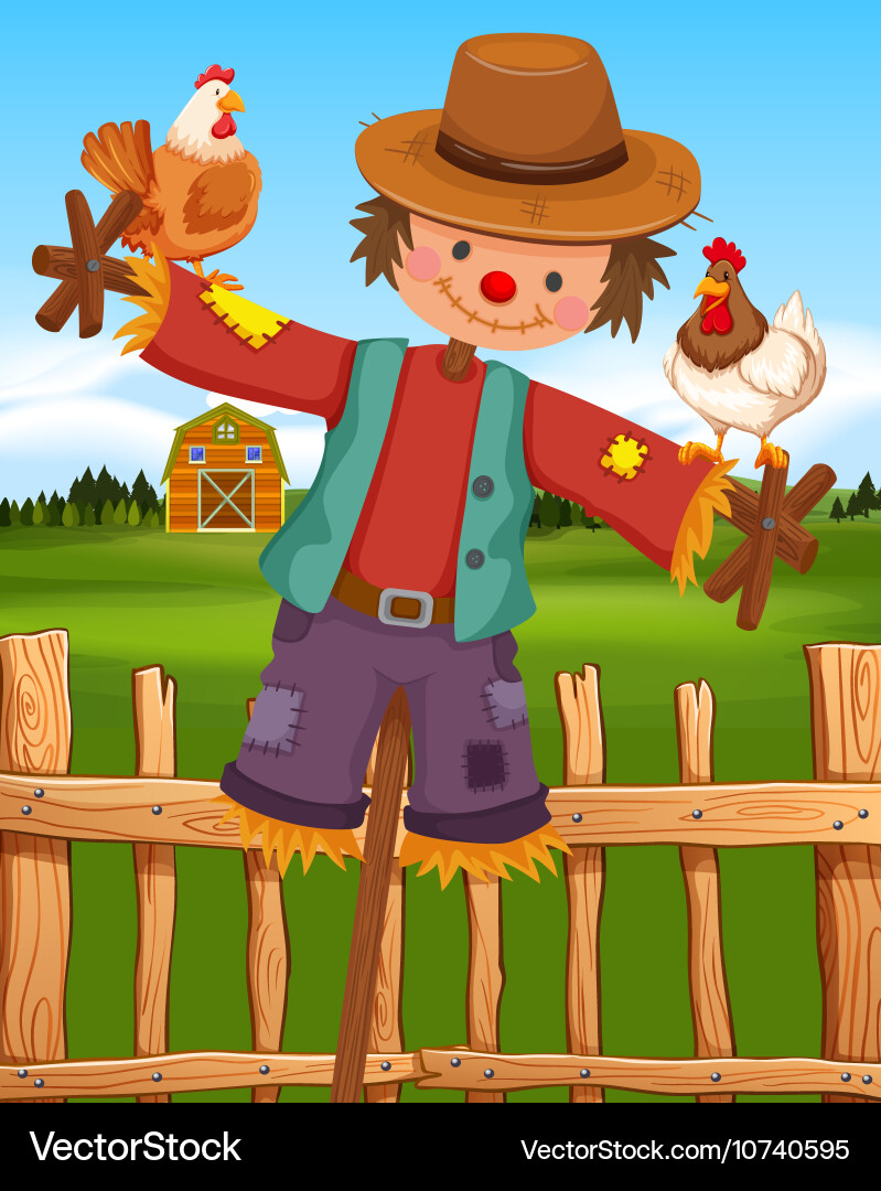 Scarecrow and chickens on the farm Royalty Free Vector Image