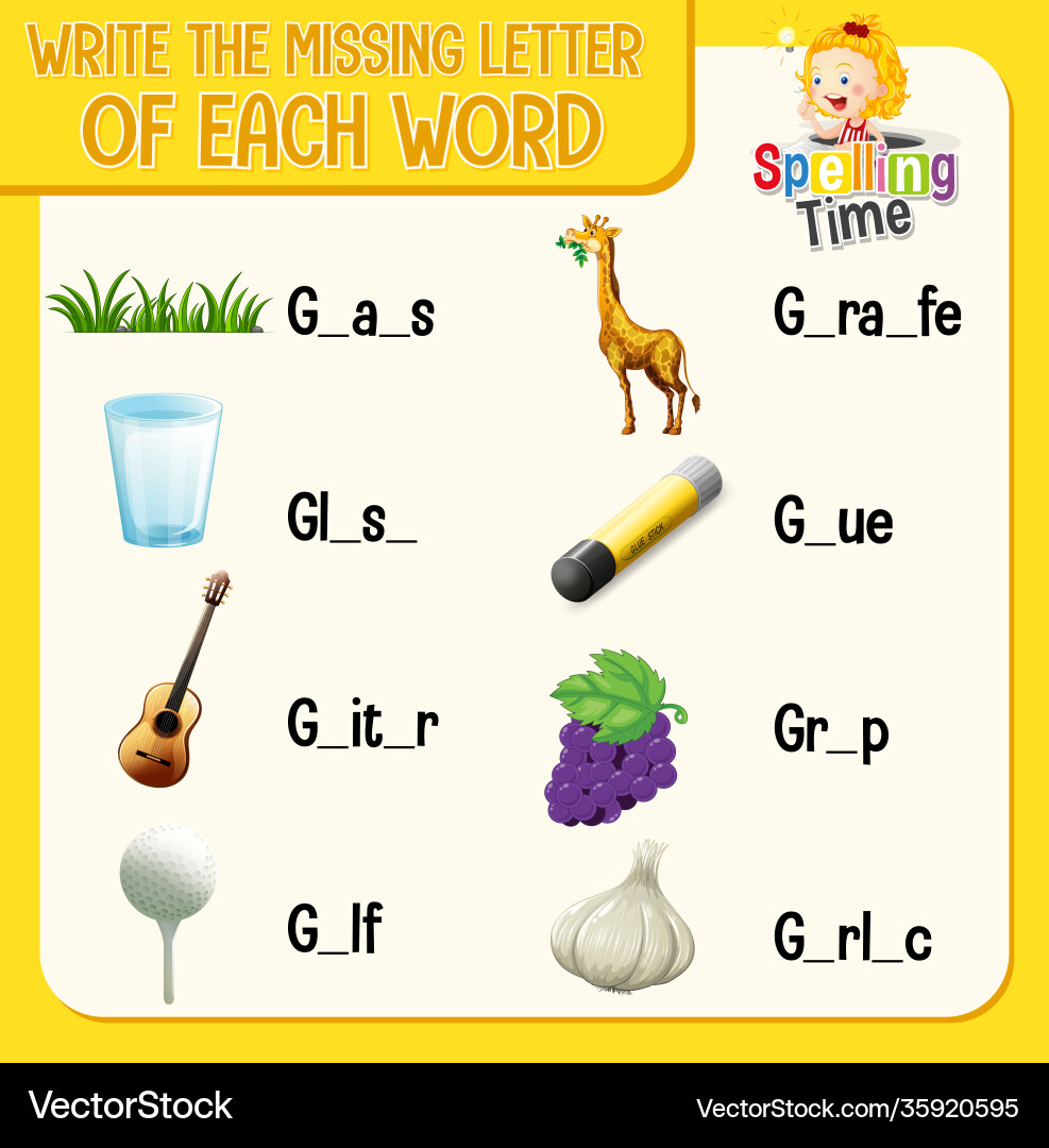Write missing letter each word worksheet Vector Image