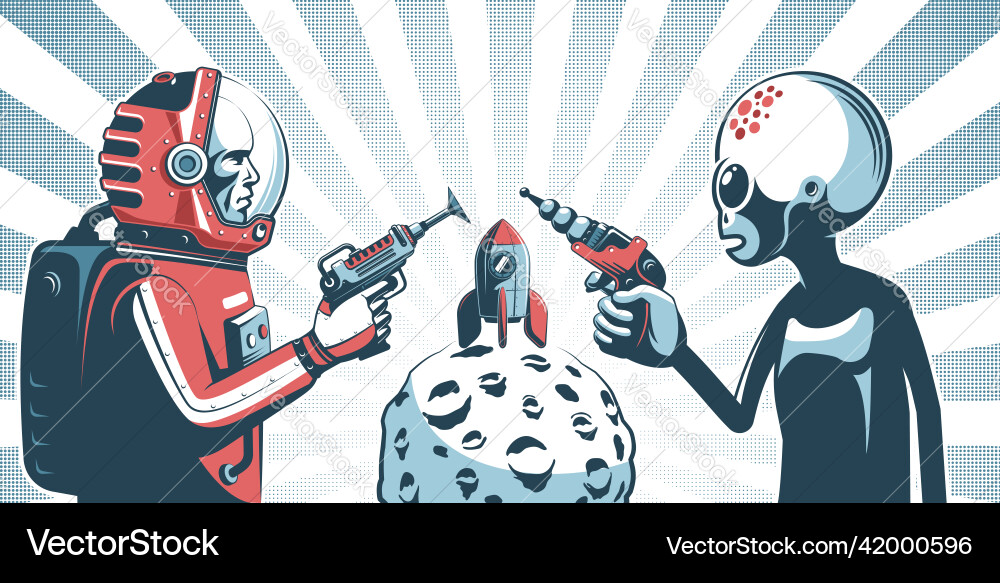 Alien with blaster gun against astronaut Vector Image