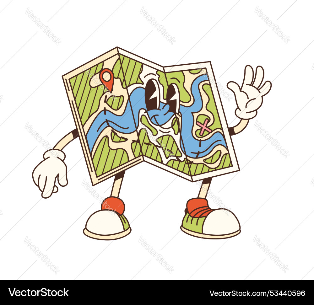 Cartoon groovy map character tourism equipment Vector Image